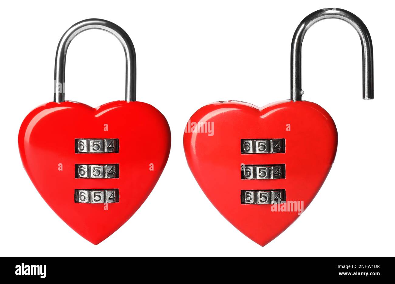 Locked and open heart shaped padlocks on white background, collage ...