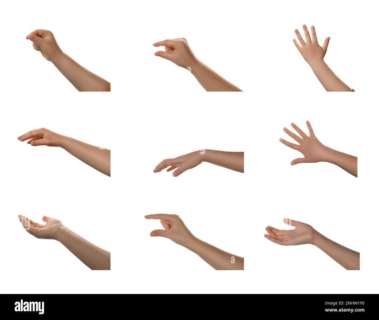 Collage with photos of little child showing different gestures on white ...