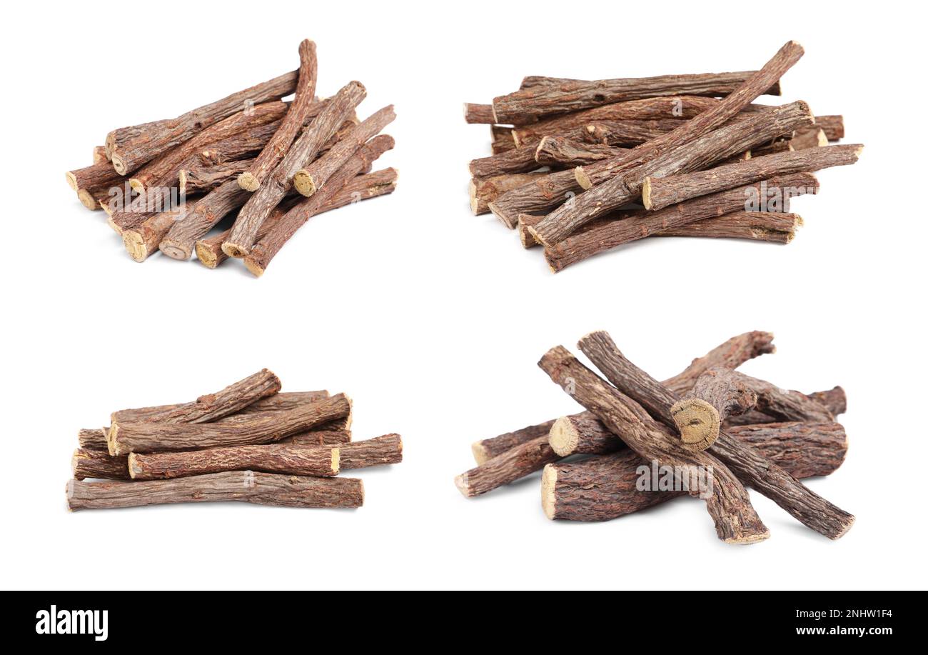 Set with dried sticks of liquorice root on white background Stock Photo ...