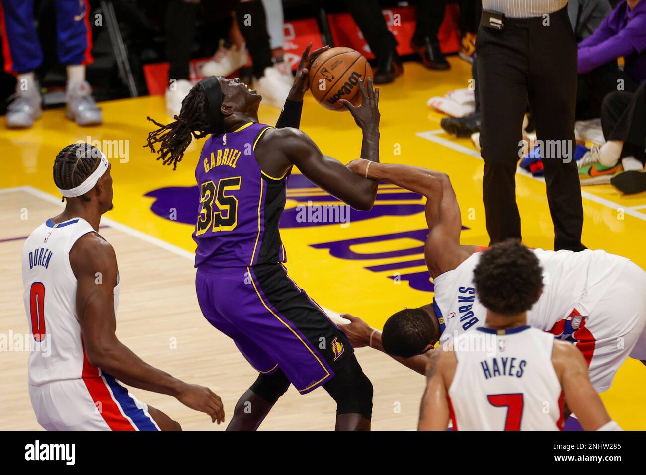 Los Angeles Lakers forward Wenyen Gabriel (35) is fouled by Detroit ...