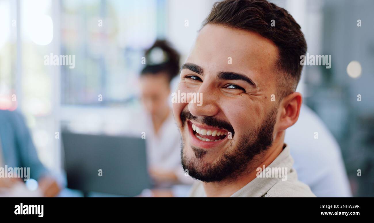 Laughing businessman, portrait and collaboration in office meeting ...