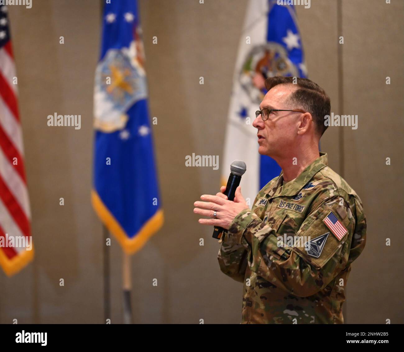 Chief Master Sgt. of the Space Force Roger A. Towberman speaks during ...