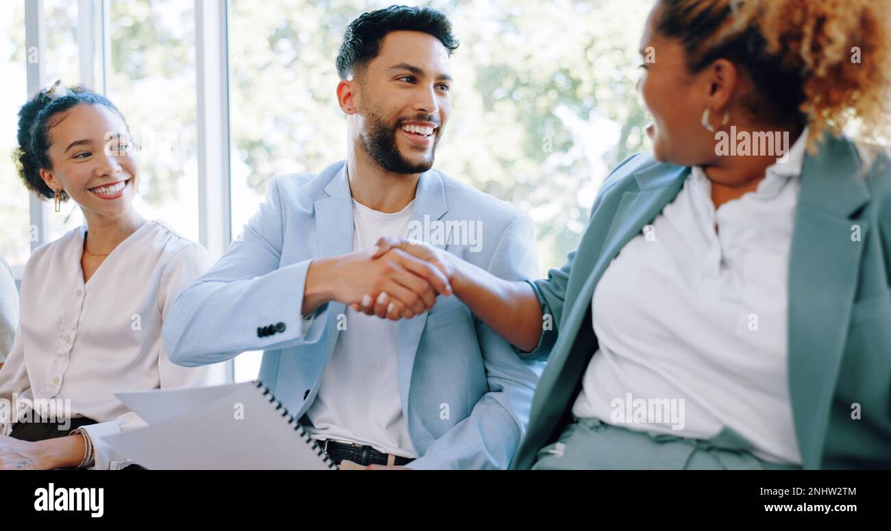 Recruitment, handshake and business people networking in job interview ...