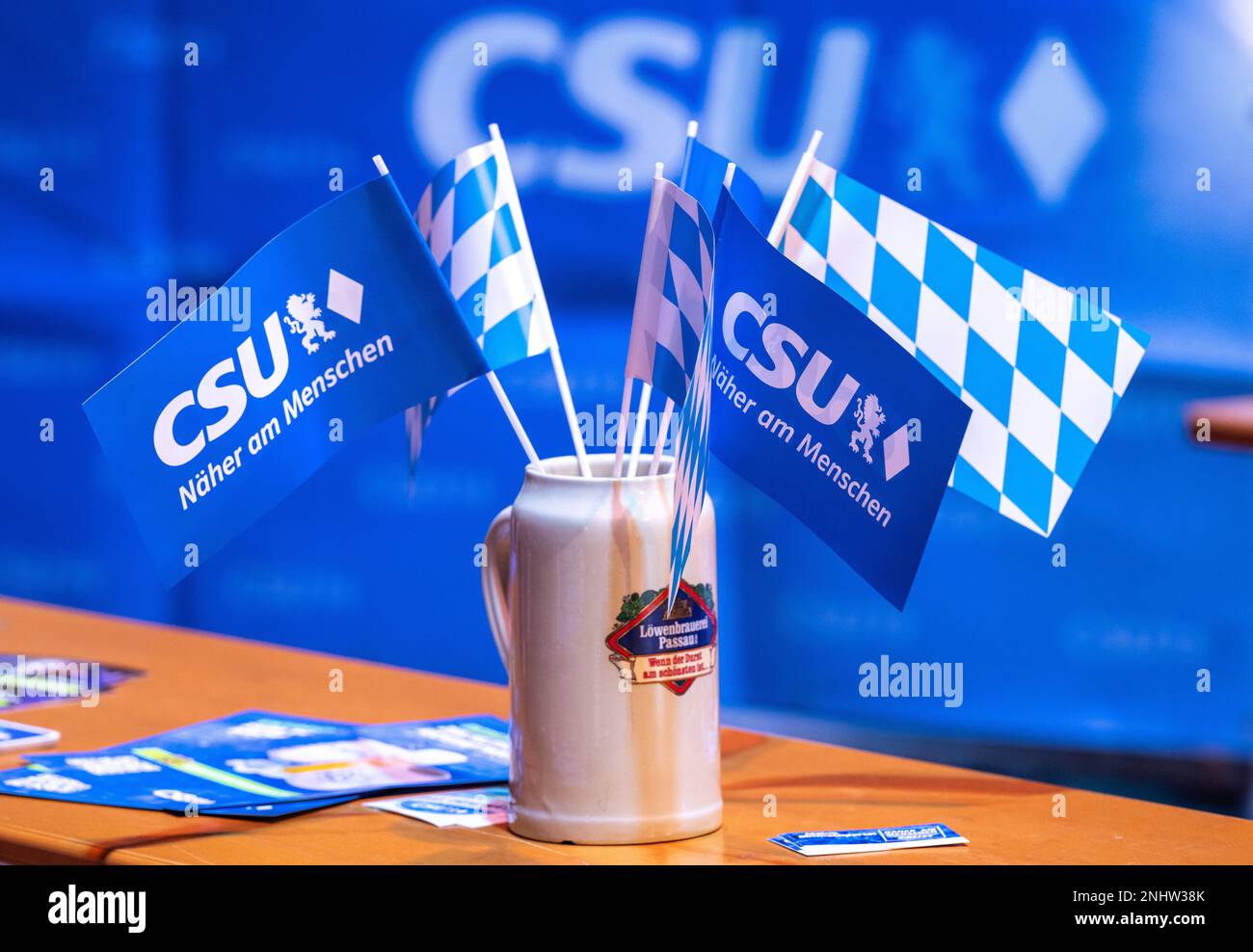Passau, Germany. 22nd Feb, 2023. Flags with the Bavarian diamond ...
