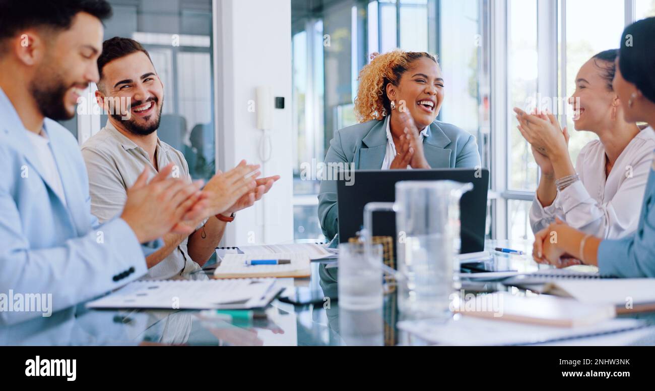 Business meeting, celebration applause and winning leader and people ...