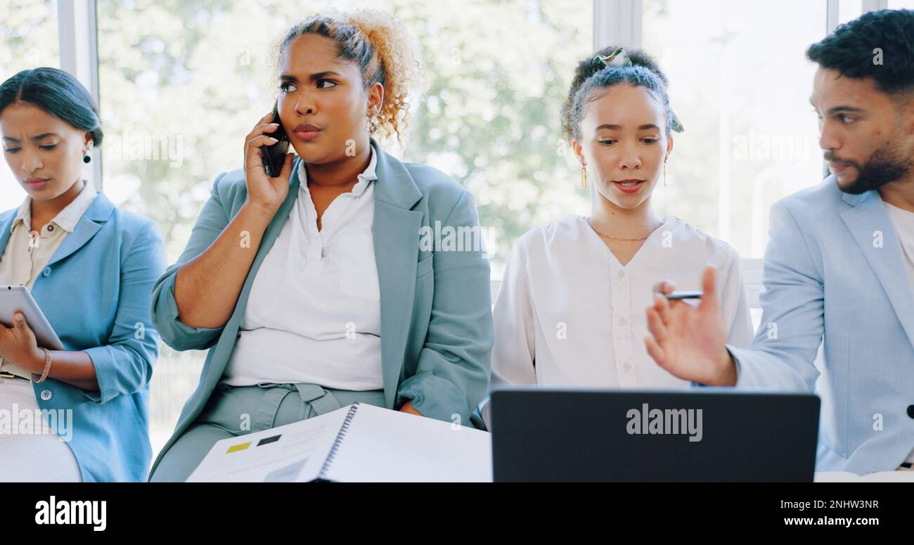 Recruitment, job interview and hiring waiting room with business people ...