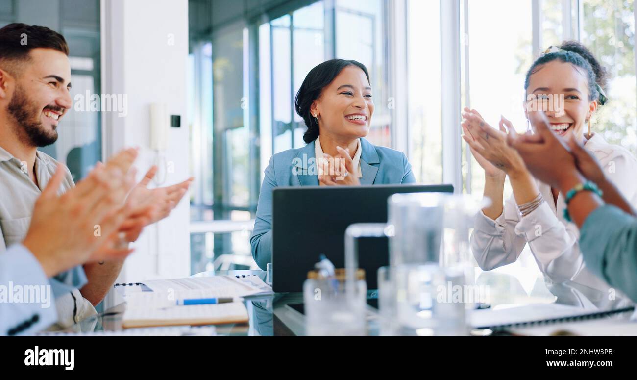 Business people in meeting, applause and screen, black woman speaker ...
