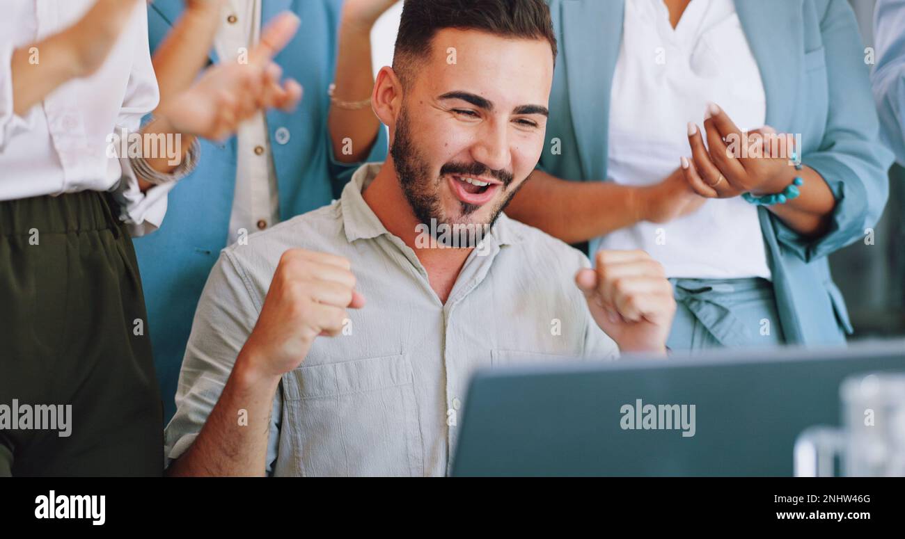 Clapping, laptop and winning people in office success, congratulations ...