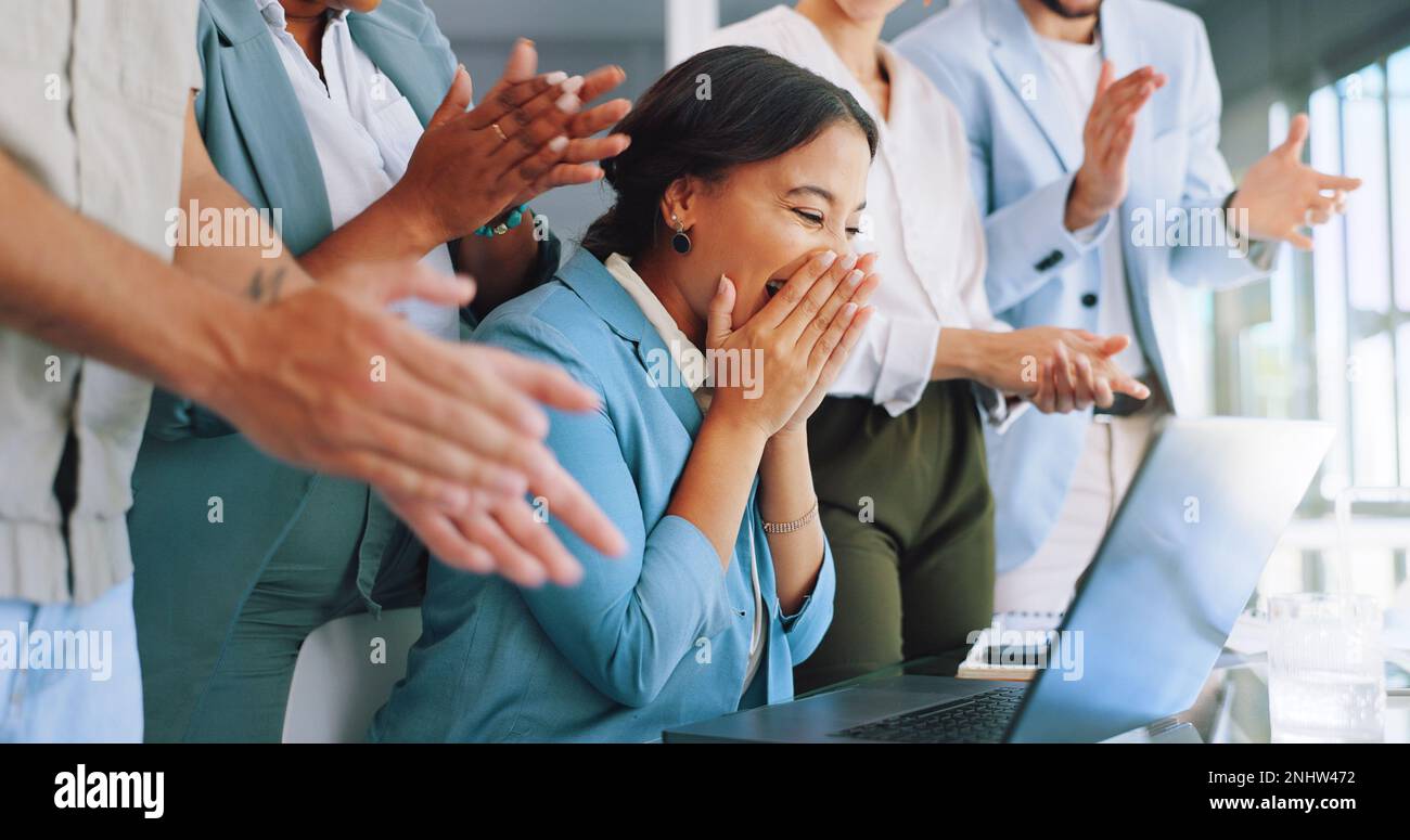 Clapping, laptop and winner woman in office success, congratulations ...
