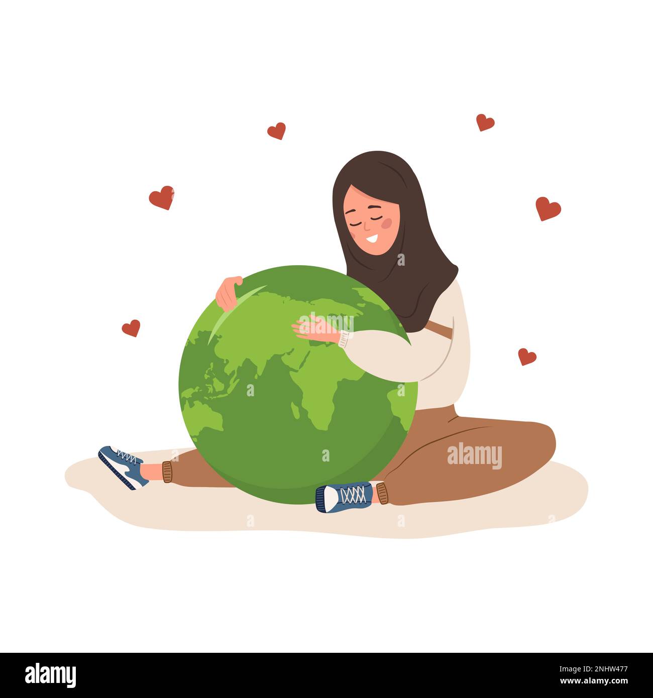 Love the planet concept. Smiling arabian woman embrace Earth globe with ...