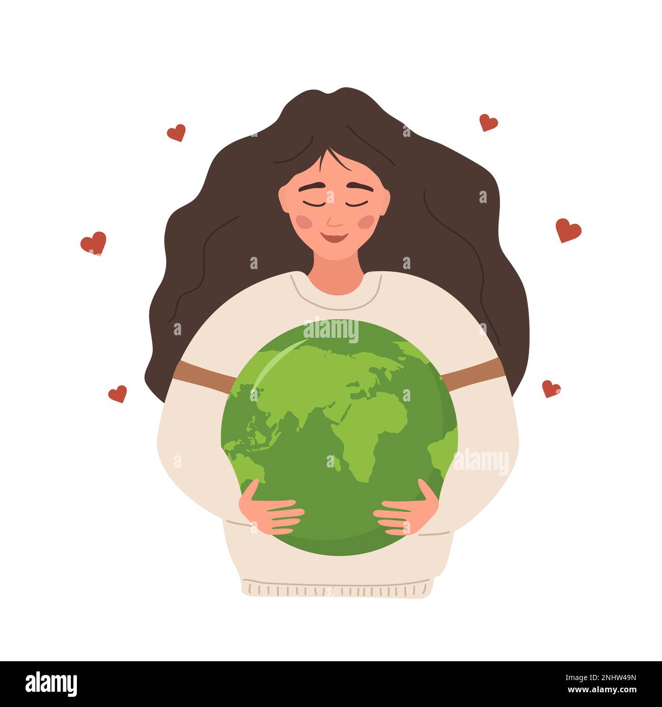 Happy Earth day. Smiling girl holding Planet with care and love. Caring ...