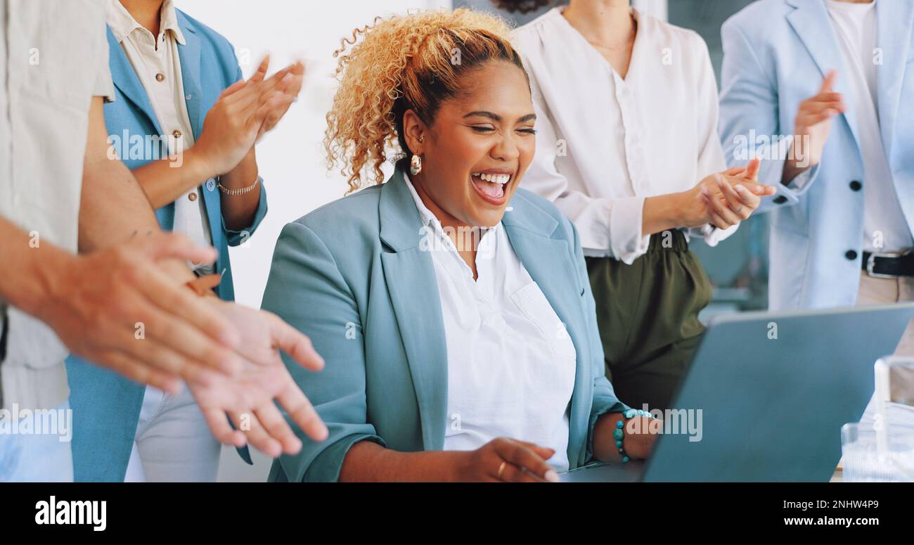 Applause, laptop and winning woman in office success, congratulations ...