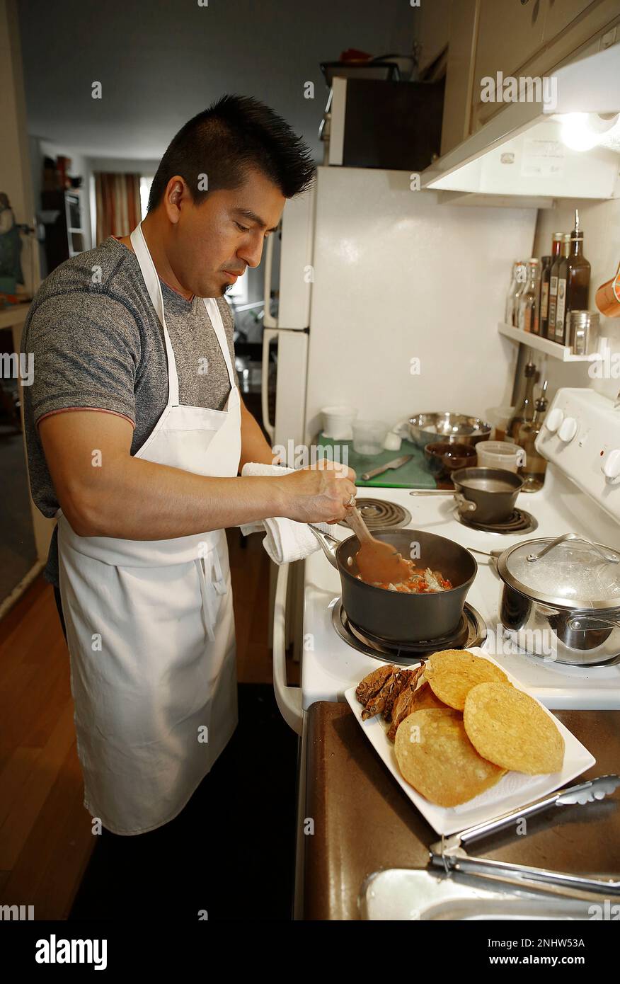 Chef Gonzalo Gonzalez Guzman of Nopalito makes chicken tostadas at home ...