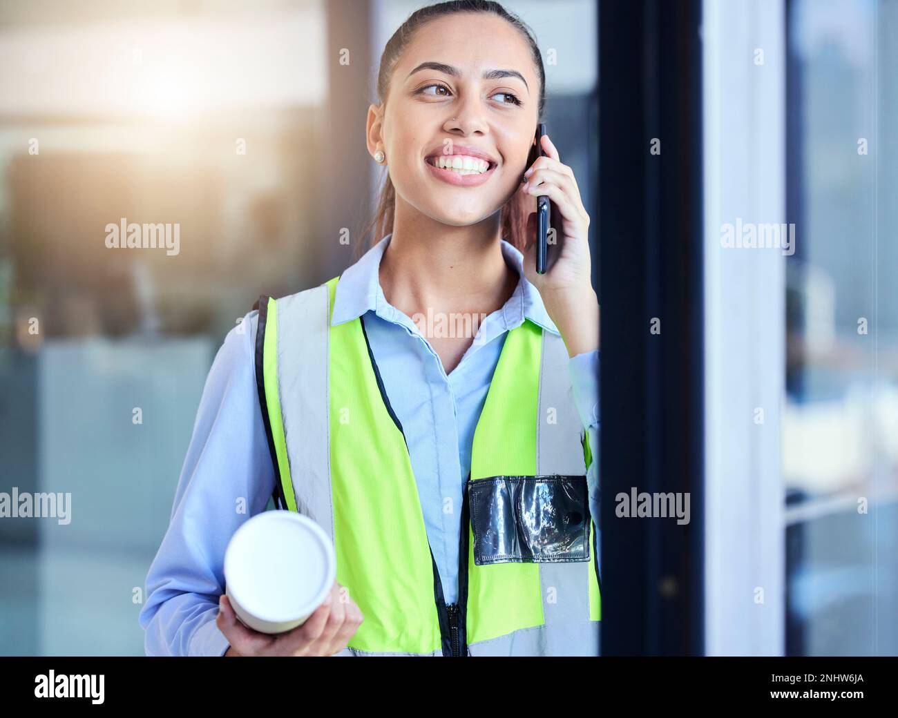 Architect, phone call and a woman with plan in office for project ...