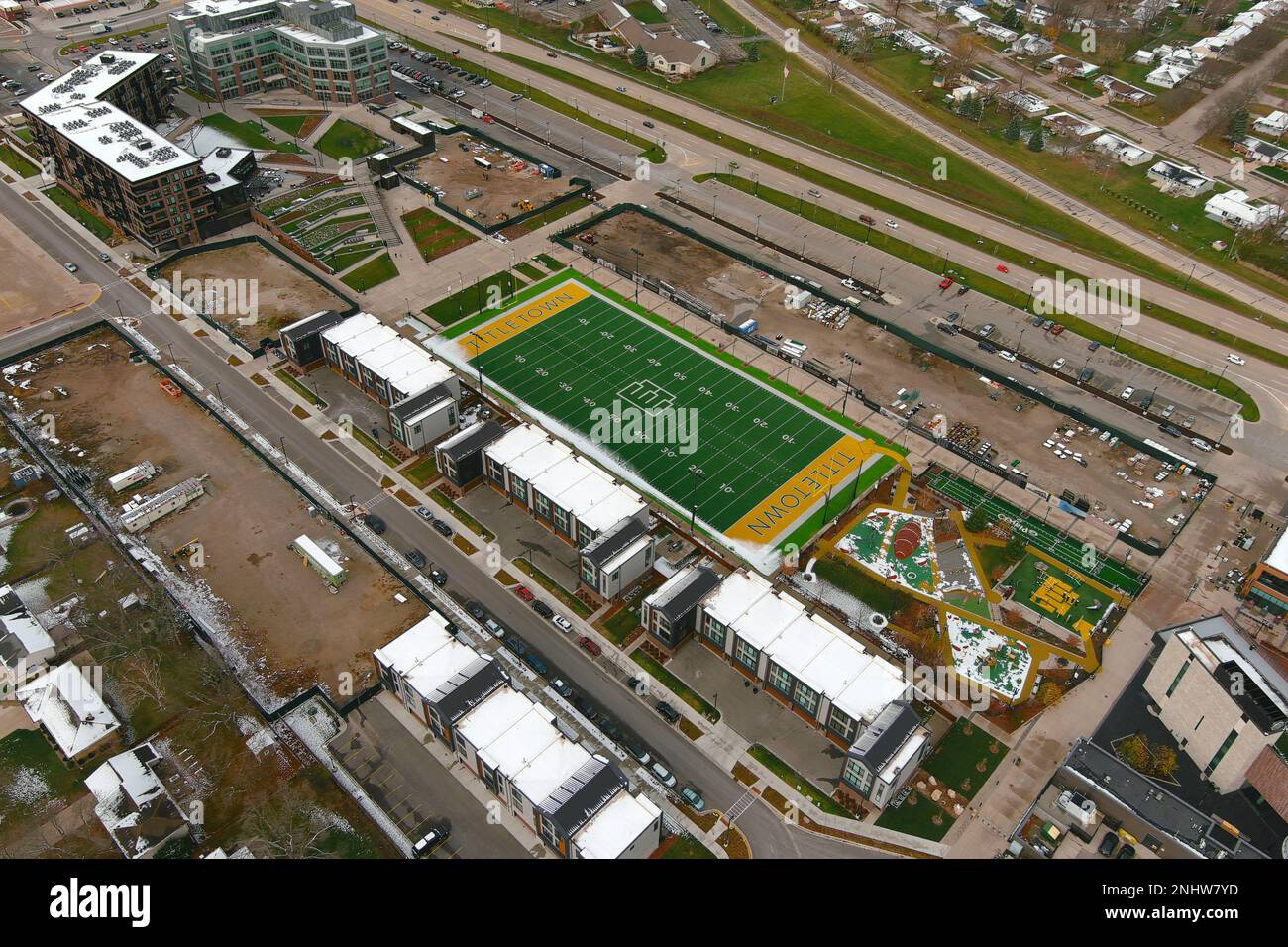 A general overall aerial view of the football field, ice skating rink ...