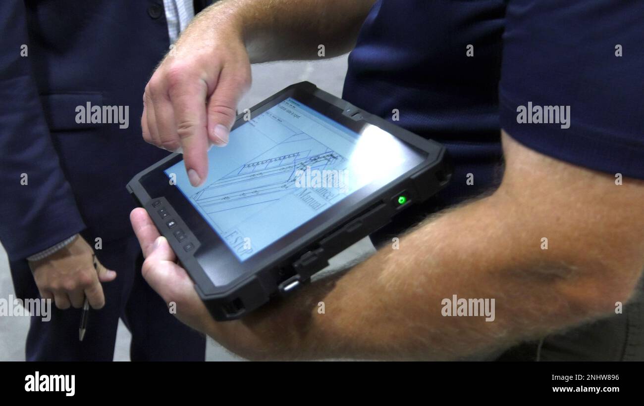 A close-up view of a tablet used to direct the path of autonomous ...