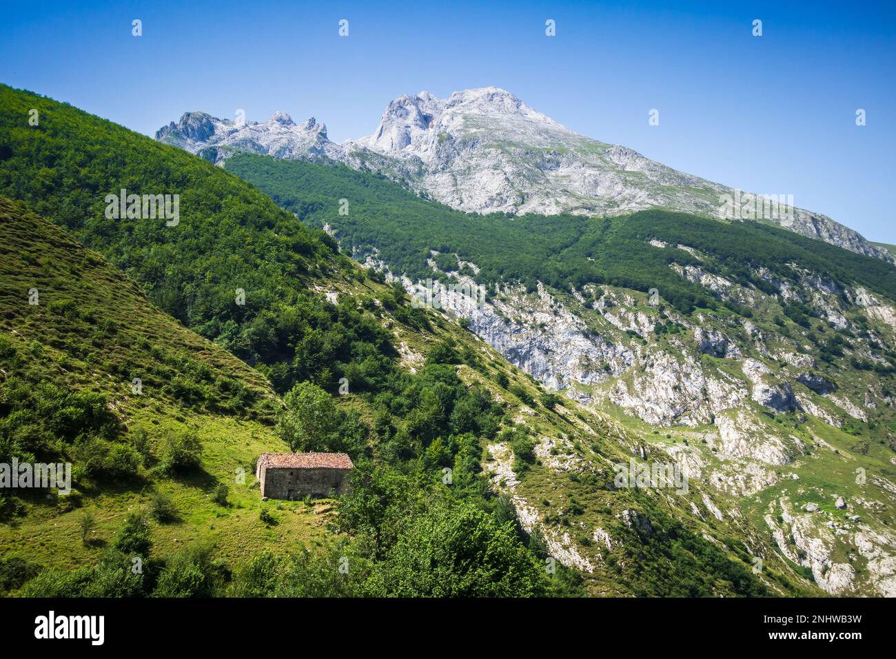 Mountain landscape and sheepfold around Bulnes village, Picos de Europa ...