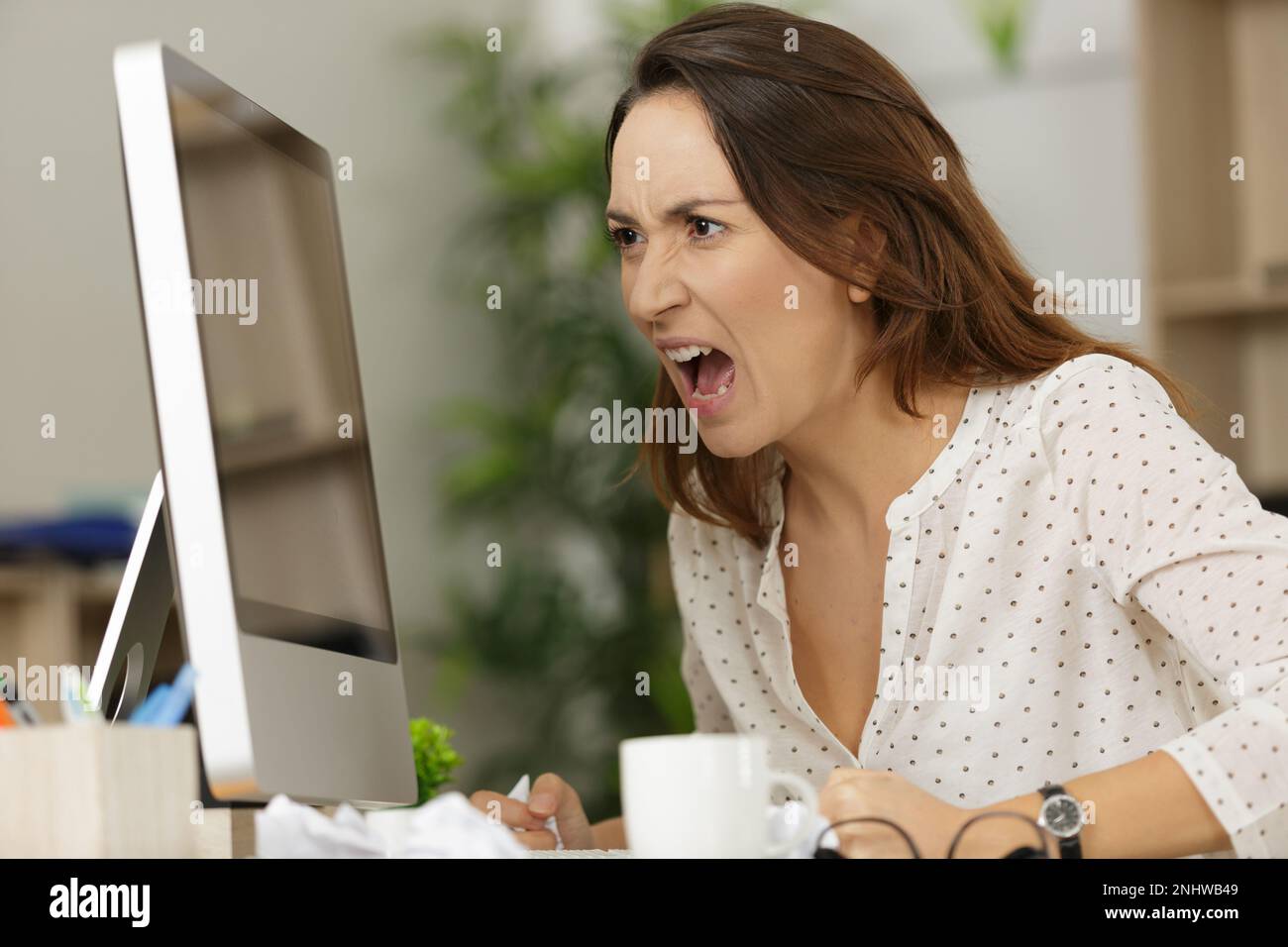 woman screaming with frustration at her computer Stock Photo - Alamy