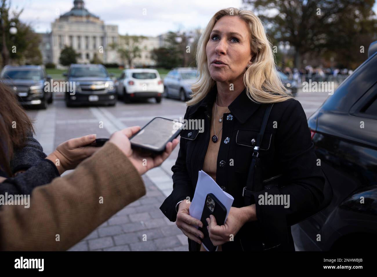 Rep. Marjorie Taylor Greene (R-Ga.) speaks with reporters outside the U ...