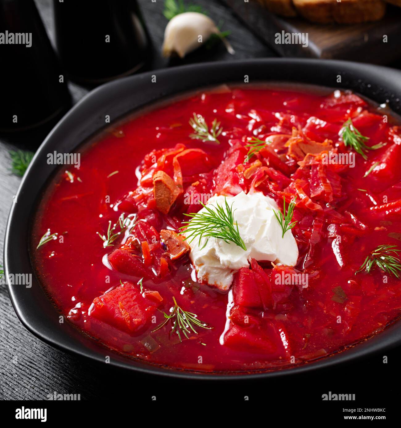 Traditional Ukrainian borscht. Bowl of red beetroot soup borsch with ...