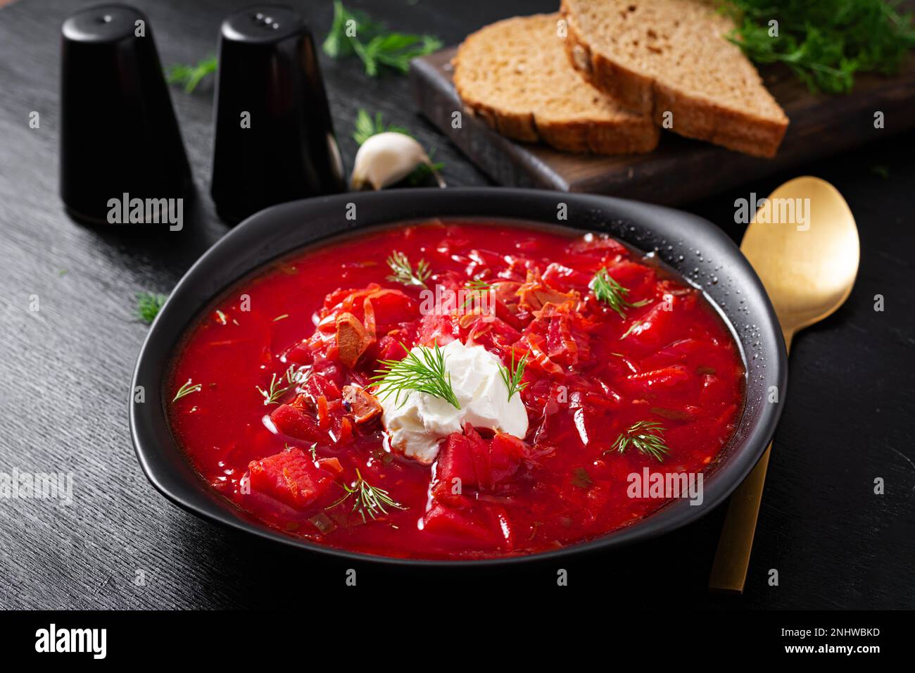 Traditional Ukrainian borscht. Bowl of red beetroot soup borsch with ...