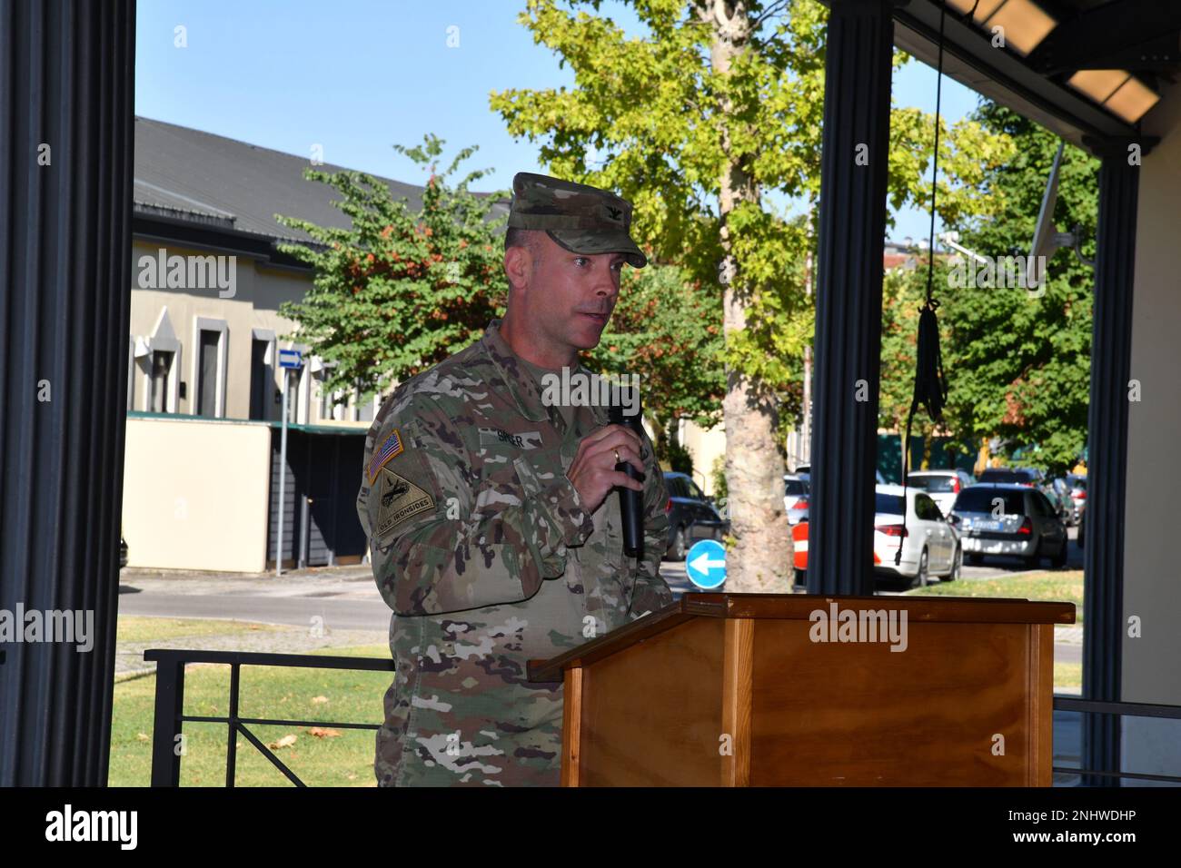 U.S. Army Col. Kenneth D. Spicer, the commander of Public Health Command Europe, addresses the ...