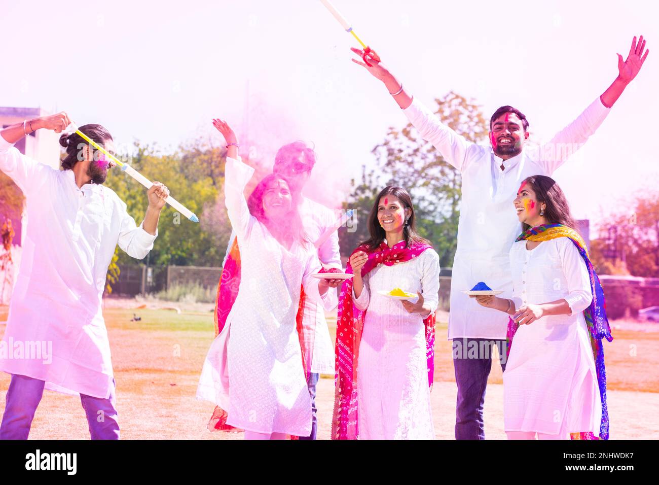 Group of cheerful young Indian people celebrating holi festival at park ...