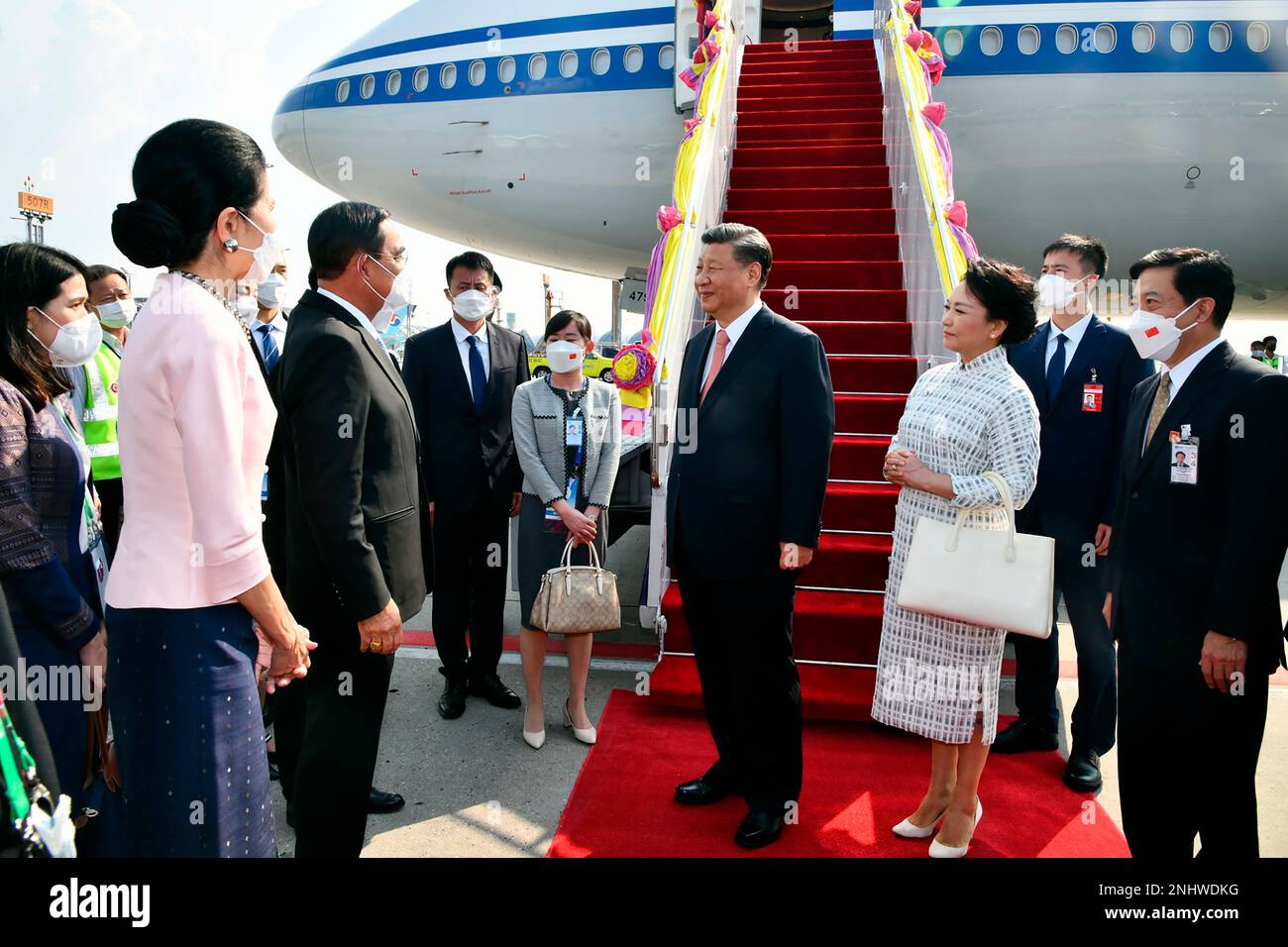 Thailand's Prime Minister Prayuth Chan-ocha and his wife Naraporn Chan-ocha, left, welcome ...
