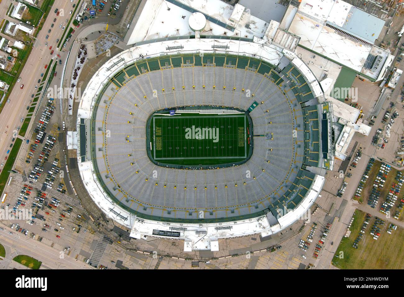 A general overall aerial view of the Green Bay Packers logo at midfield ...