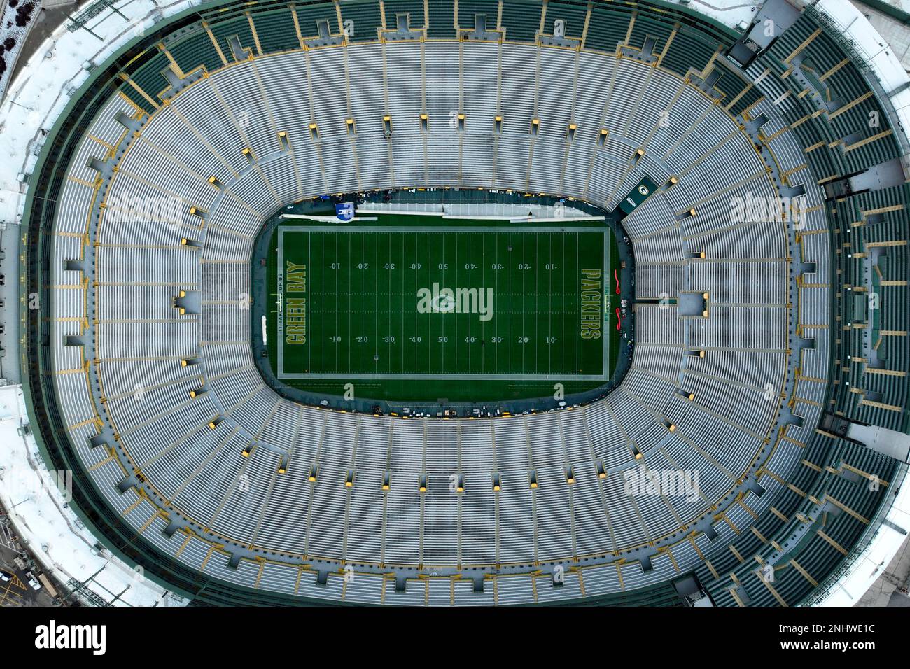 A general overall aerial view of the football field and the Green Bay ...