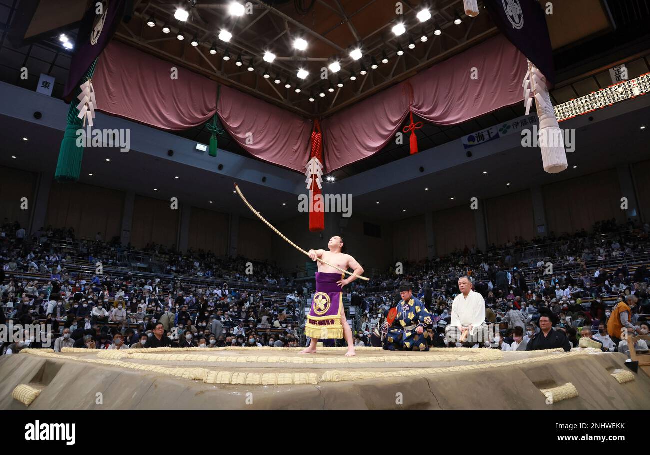 A sumo wrestler Satonofuji attends the bow twirling ceremony during ...