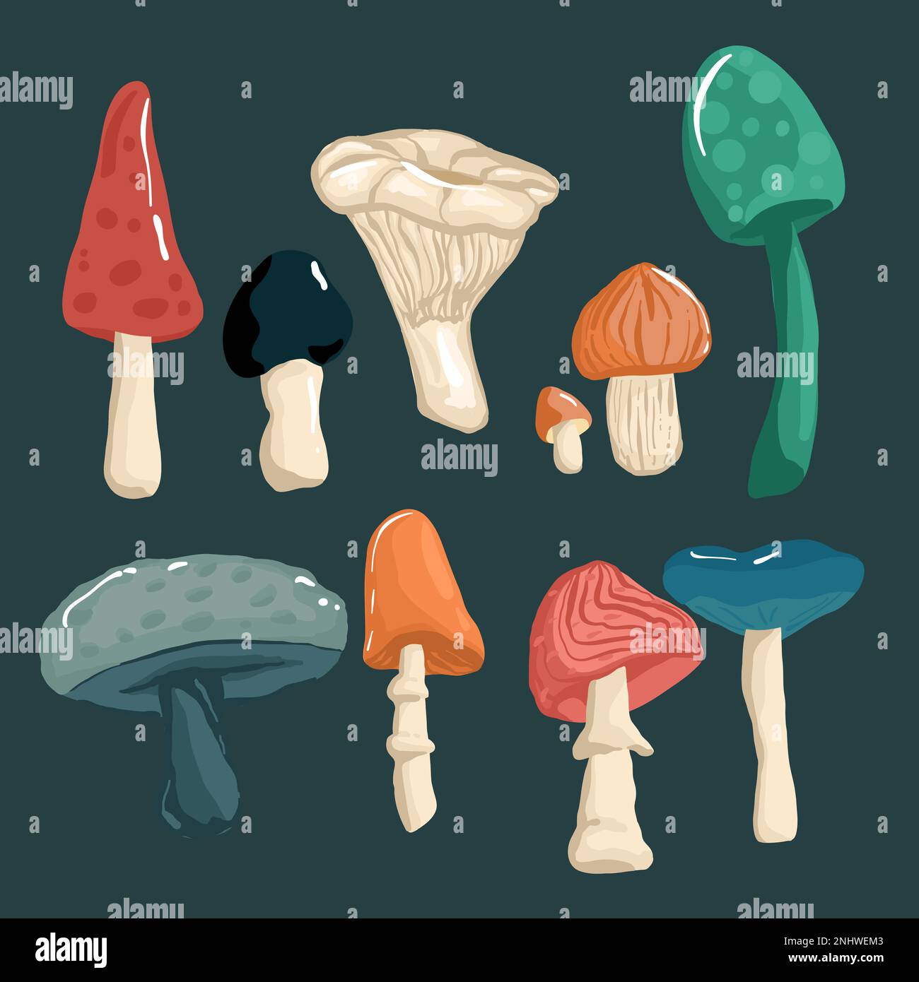 Set of mushrooms in the hand drawing style. Psychedelic abstract ...