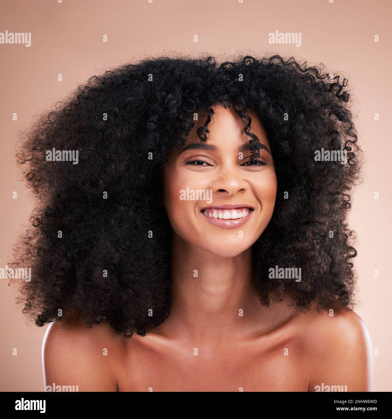 Black woman, afro hair or portrait smile on studio background in ...