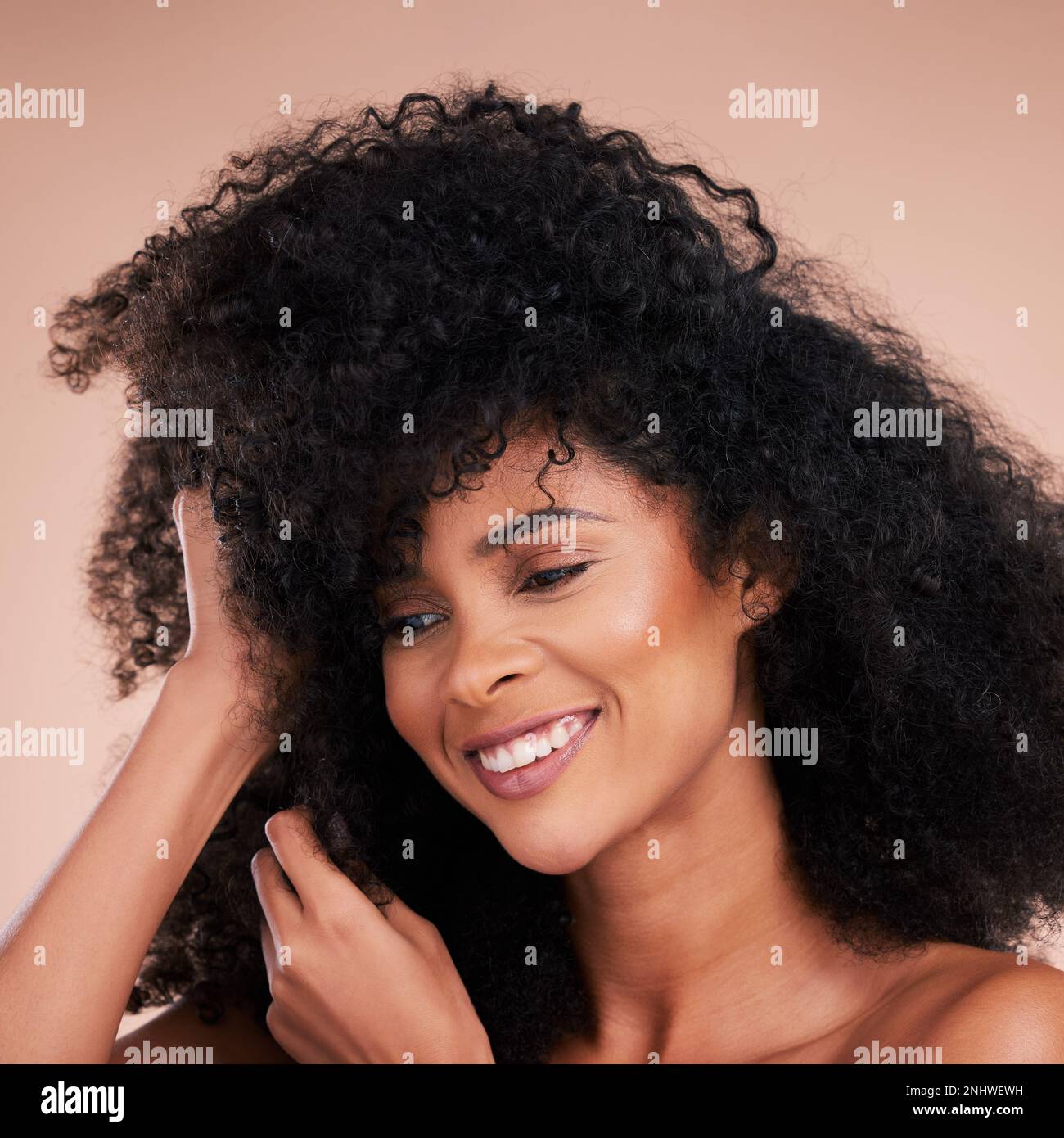Hair care texture, black woman and cosmetics of young model with a ...