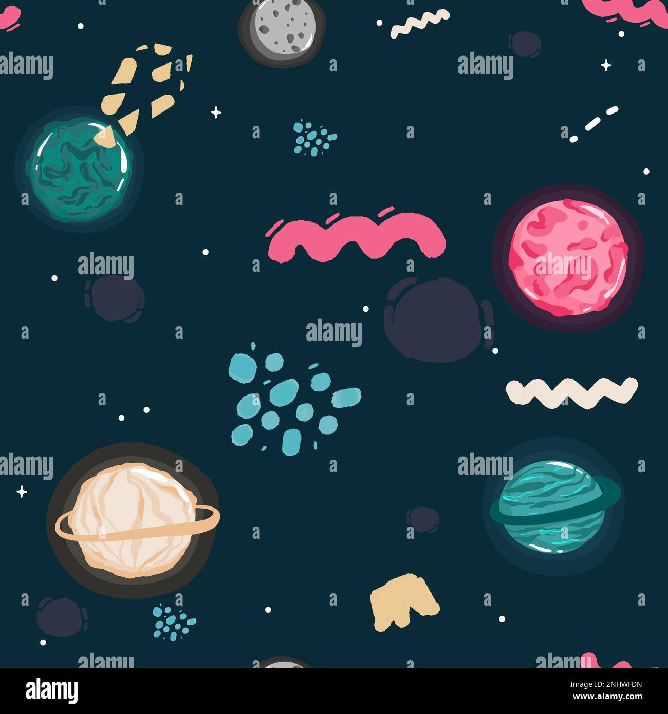 Space Seamless Pattern with Planets and Stars. Doodle Cartoon Cute ...