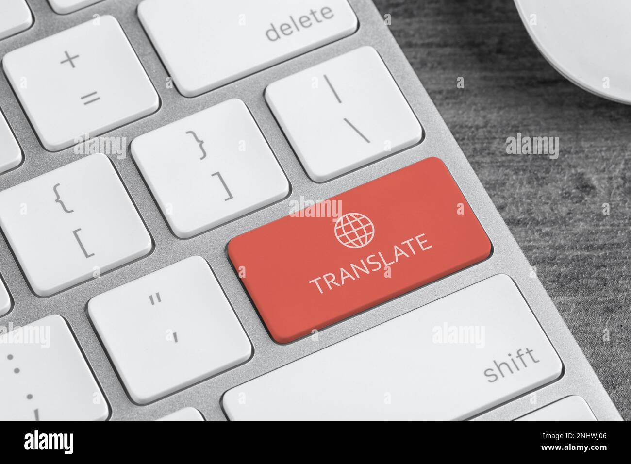 Modern computer keyboard with button for quick translation, closeup ...