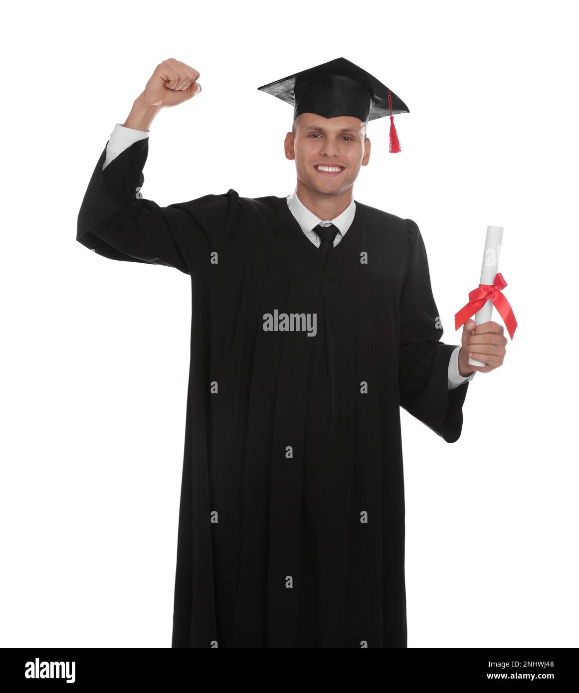 Happy student in academic dress with diploma on white background Stock ...