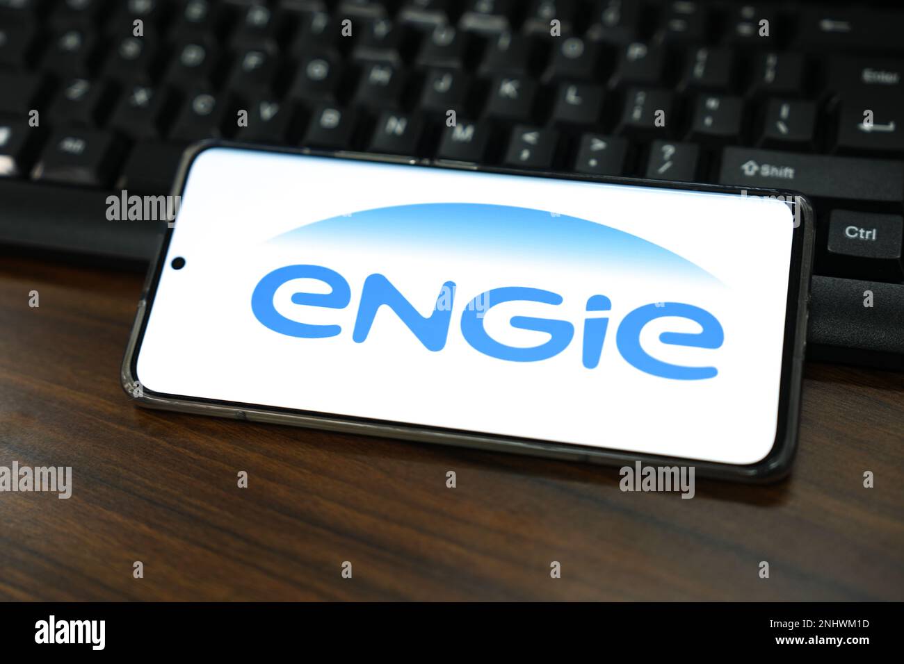 In this photo illustration, an Engie logo is displayed on the screen of ...