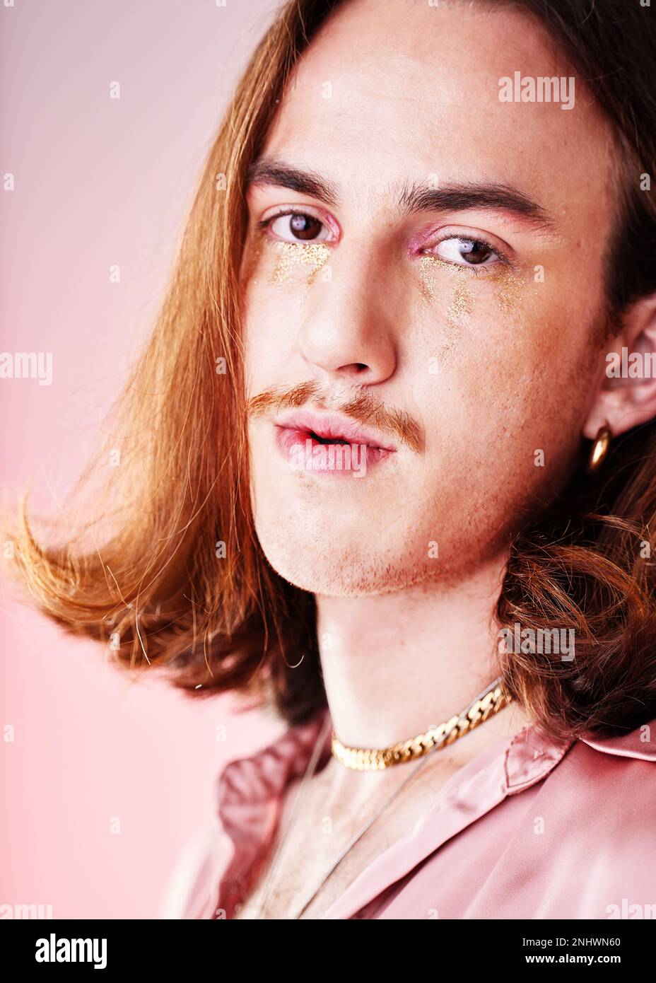 Gen z, man and portrait with makeup and retro fashion with pink ...