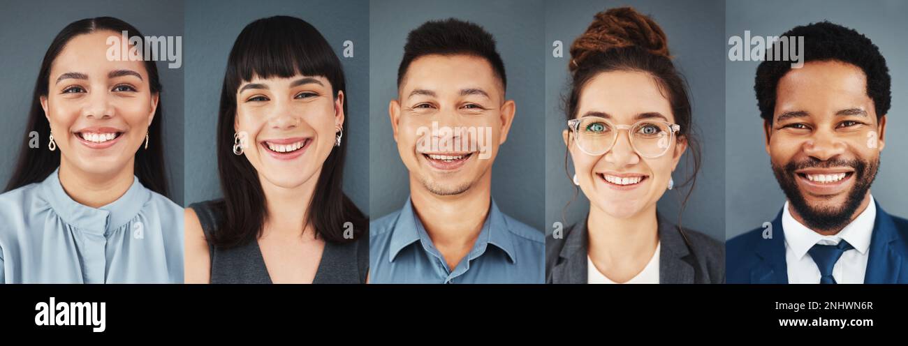 Collage, portrait and face of business people with smile, professional ...