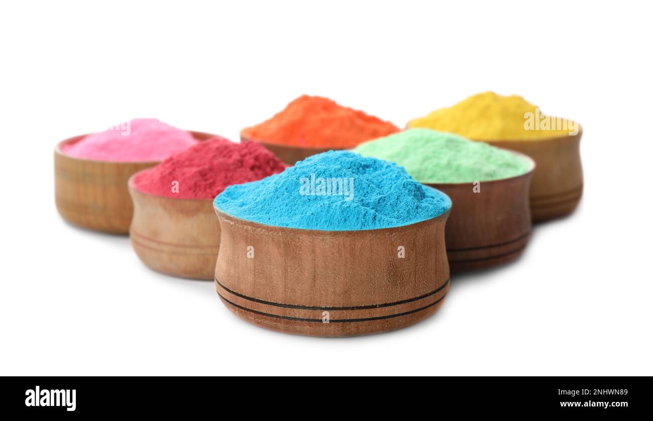 Colorful powder dyes in bowls on white background. Holi festival Stock ...