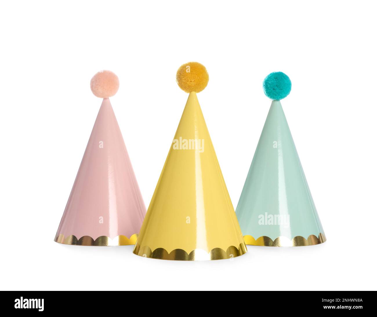 Bright birthday party hats on white background Stock Photo - Alamy