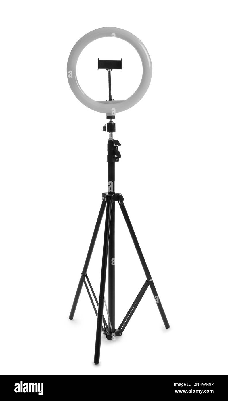 Modern tripod with ring light isolated on white Stock Photo - Alamy