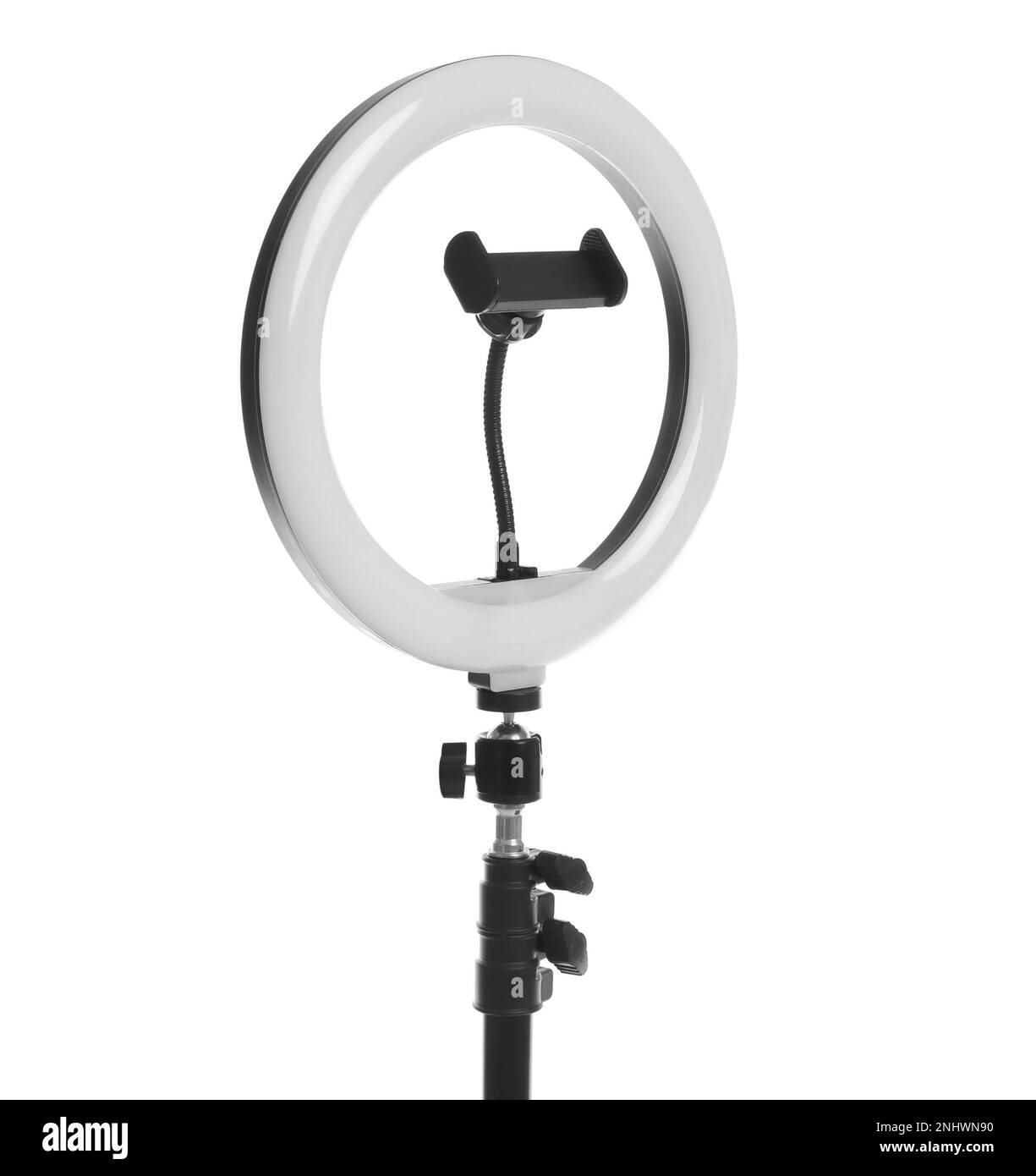 Modern tripod with ring light isolated on white Stock Photo - Alamy