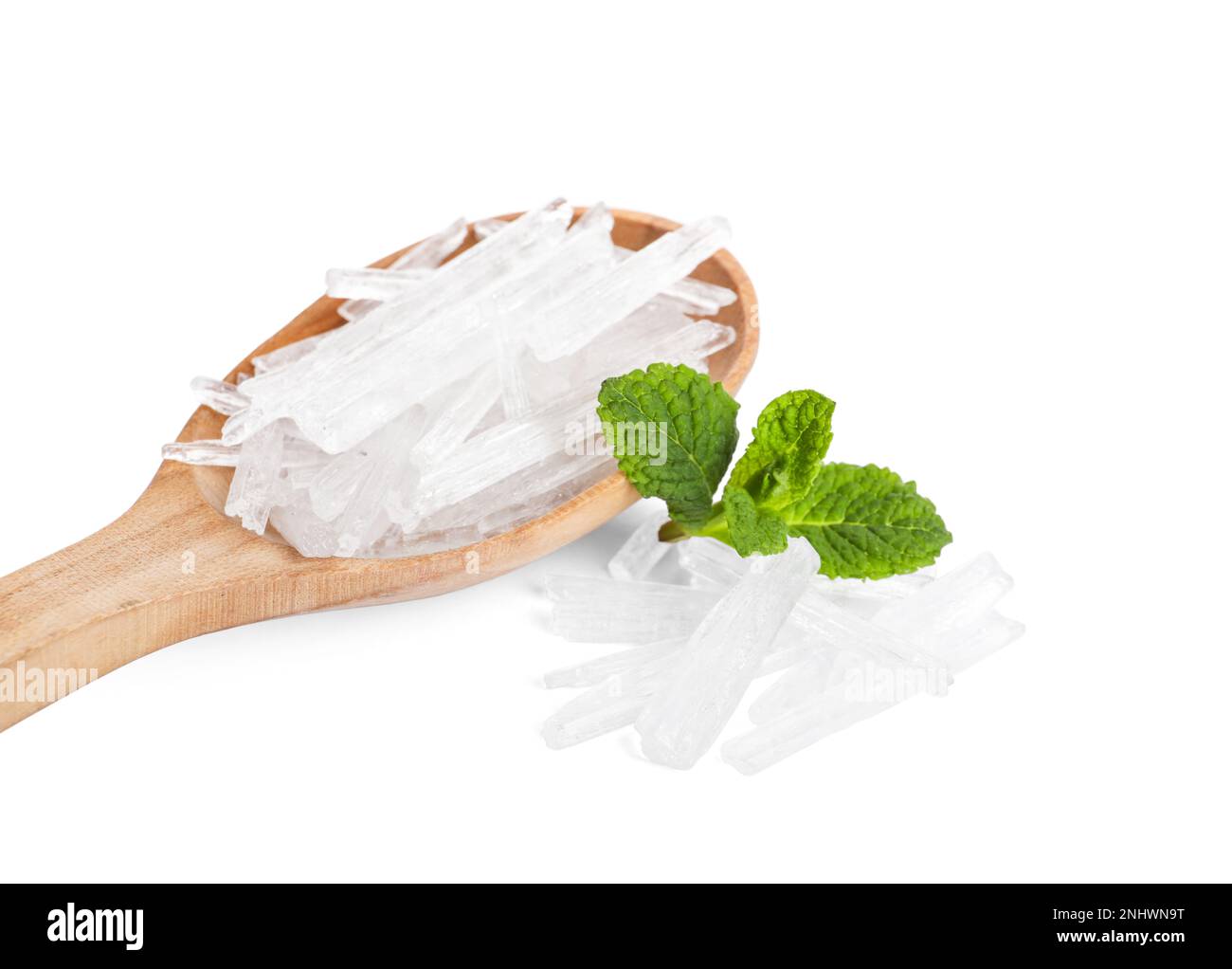 Menthol crystals and mint leaves on white background Stock Photo - Alamy