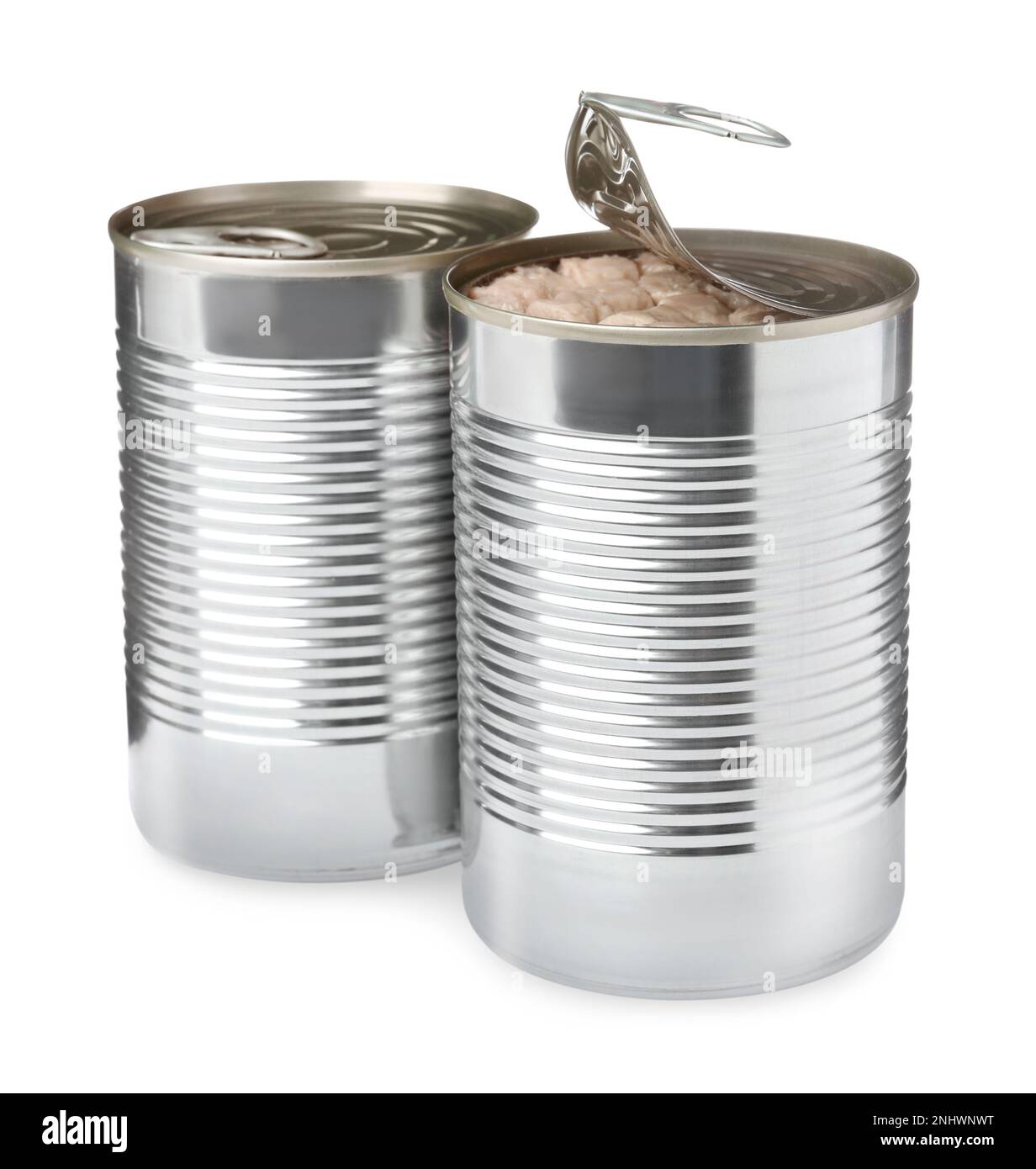 Tin cans of wet pet food on white background Stock Photo - Alamy
