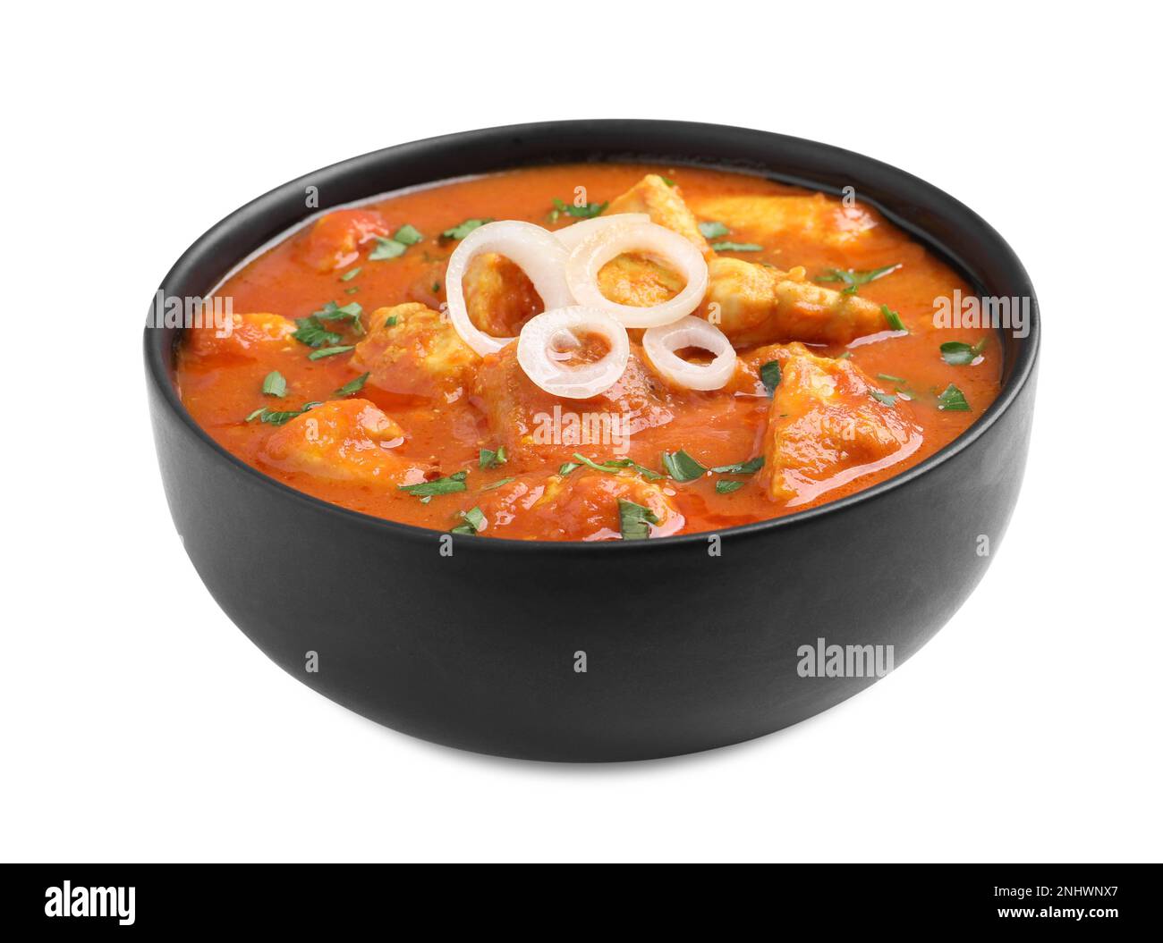 Bowl of delicious chicken curry on white background Stock Photo - Alamy