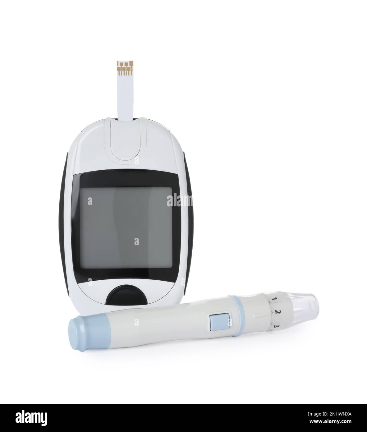Digital glucometer and lancet pen on white background Stock Photo - Alamy
