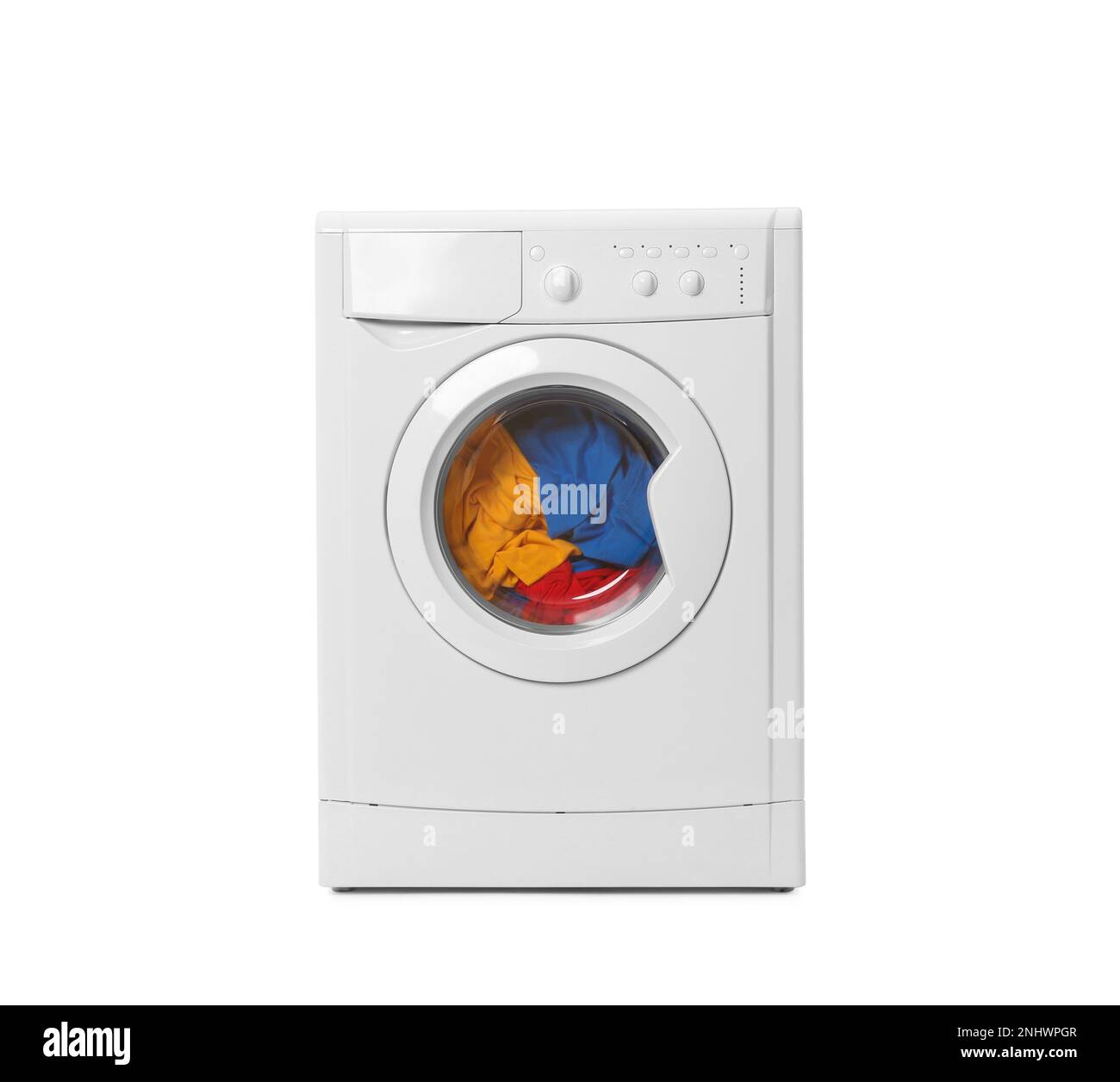 Modern washing machine with clothes isolated on white Stock Photo - Alamy