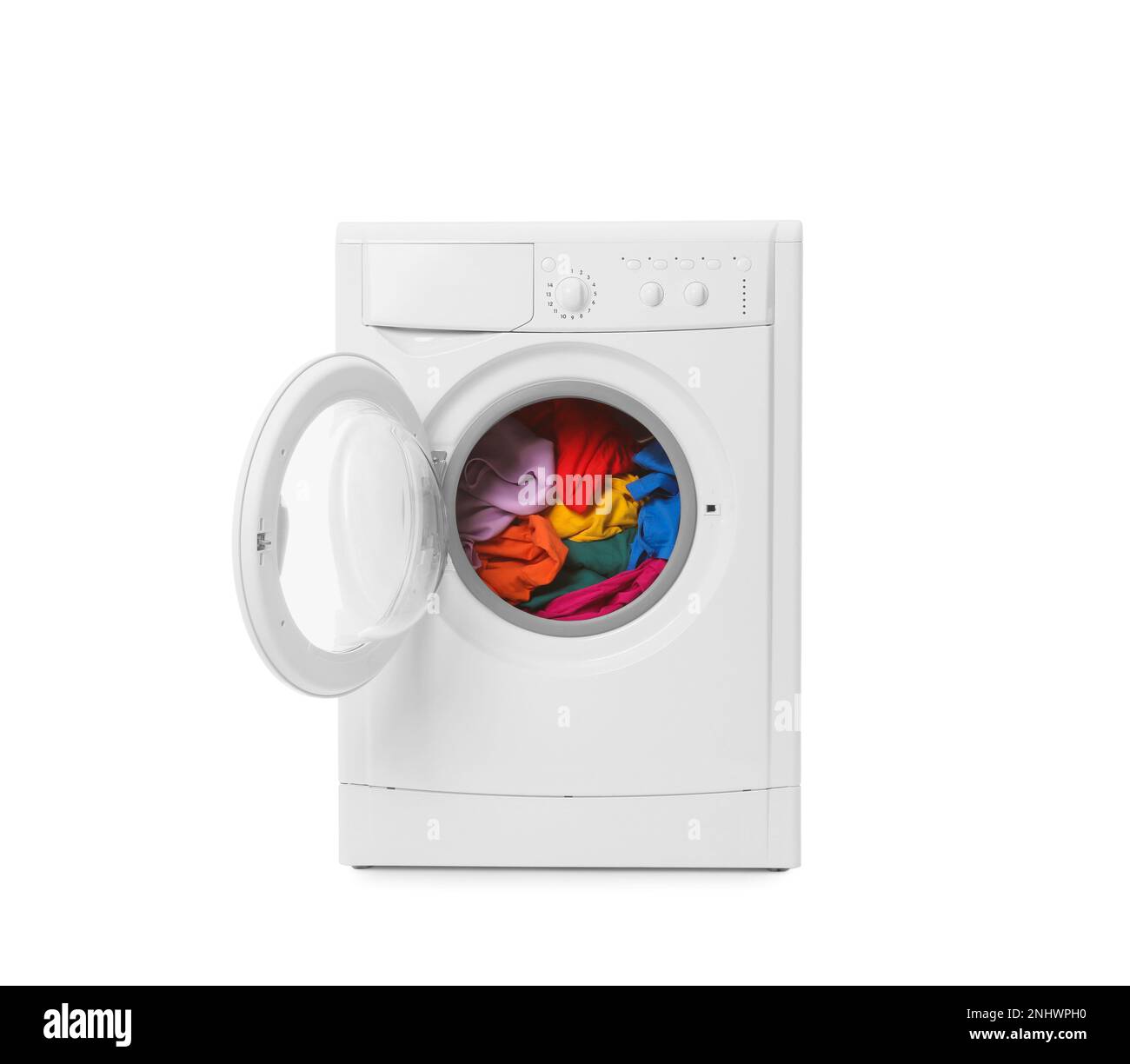 Modern washing machine with clothes isolated on white Stock Photo - Alamy